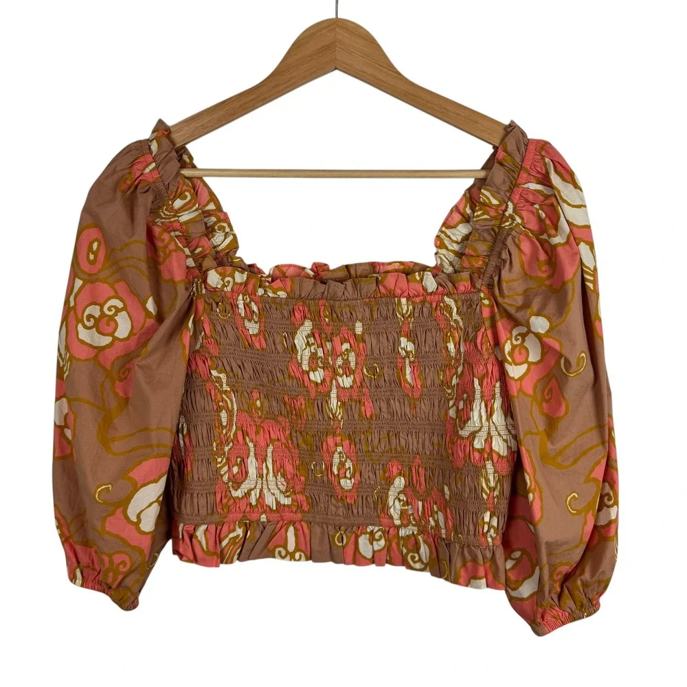 Cleobella | Tops | Cleobella Pink And Yellow Smocked Puff Sleeve Crop ...